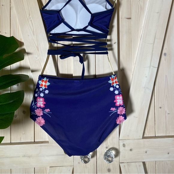 Swim | La Bamba In Navy Petite Halter Wrap Two Piece Blue Swimsuit Pink ...